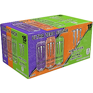 Monster Energy Ultra Variety Pack, Ultra Violet, Ultra Sunrise, Ultra Paradise, Sugar Free Energy Drink, 16 Ounce (Pack of 15)