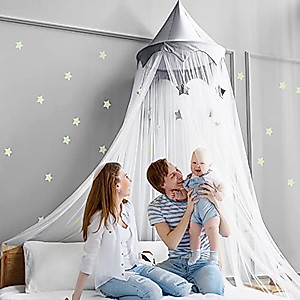 LOAOL Canopy for Kids Bed with Stars, Crib Canopy with Dome, Elegant Net Hanging Fairy Girl Bed Canopy Princess Room Decoration Reading Nook Corner Curtain Fits Full Crib, Twin, Queen Play Castle Tent