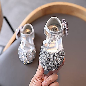 Lykmera Princess Shoes Infant Crystal Bowknot Girls Kids Single Pearl Bling Sandals Shoes Baby Girls Dancing Sandals Shoes (Silver, 11-11.5 Years Big Kids)