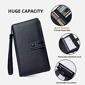 Bveyzi Women's Big Fat Rfid Leather Wristlet Wallet Organizer Large Phone Checkbook Holder with Zipper Pocket (Black)