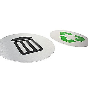 5.5" Round, Metal Trash & Recycling Signs | Set of 2 Garbage & Recycling Bin Markers | Brushed Silver Aluminum Signs with 1 Black Trash Sign & 1 Green Recycle Sign | Signs for Sustainability