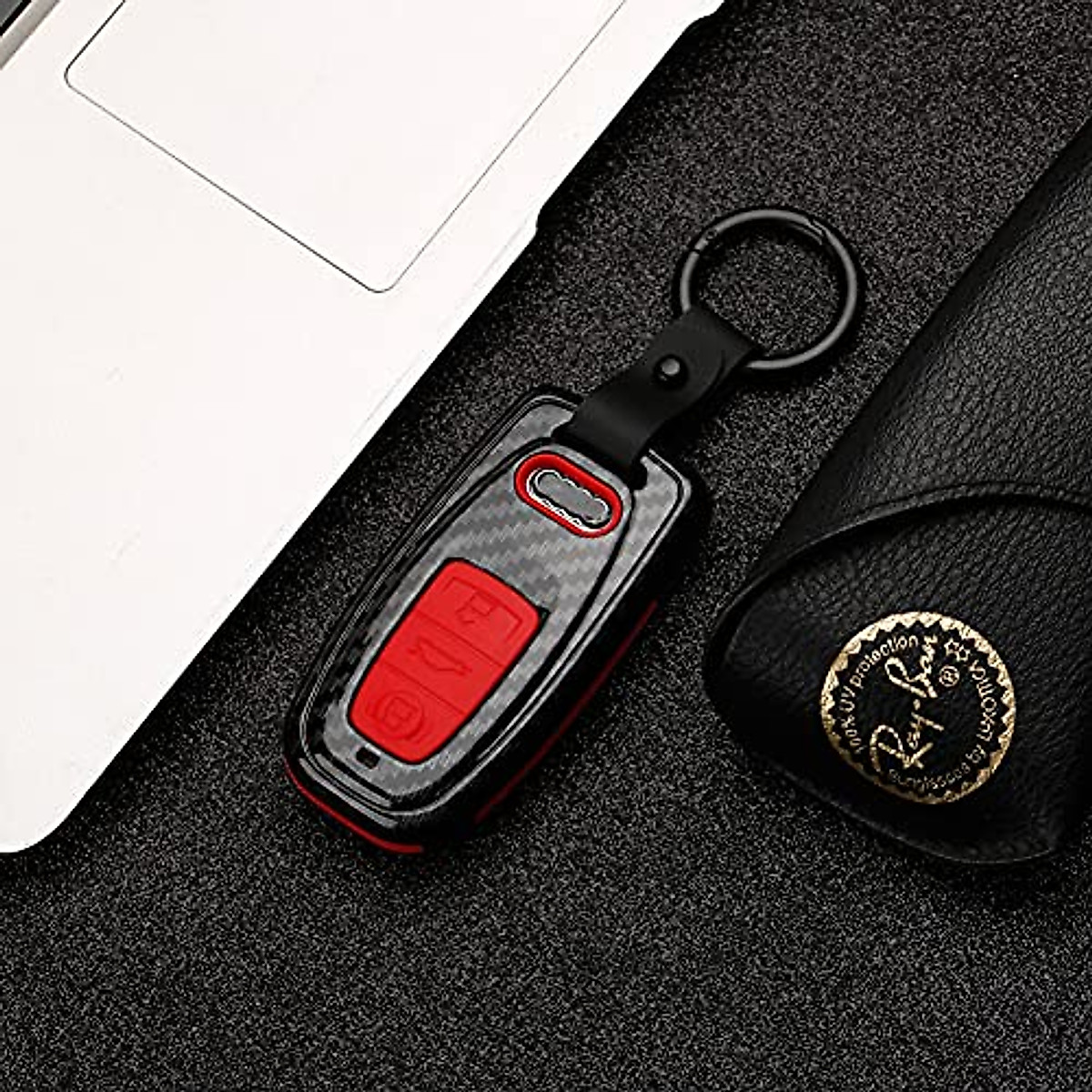 Beerte Key Fob Cover fit for Audi A3 A4 A5 A6 A7 A8 S5 Q3 Q5 Q7 TT Key Shell 3 Button Keyless Entry Remote Control Smart Car Key Fob Protective Case(Red Carbon Fiber)