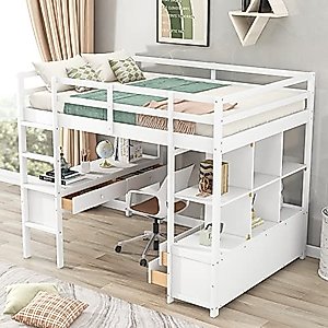 BIADNBZ Full Size Loft Bed with Built-in Desk and 2 Drawers, Wooden High Loftbed Frame w/Storage Shelves, Cabinets and Guardrails, for Kids Teens Adults, White