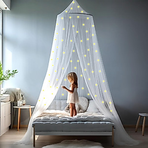 Canopy for Girls Bed with Pre-Glued Glow in The Dark Stars - Princess Mosquito Net Room Decor - Kids & Baby Bedroom Tent with Galaxy Lights - 1 Opening Canopy Bed & Hanging Kit Included