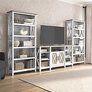 Bush Furniture Key West Tall TV Stand with Set of 2 Bookcases in Pure White and Shiplap Gray, Farmhouse Entertainment Center for 65 Inch Television