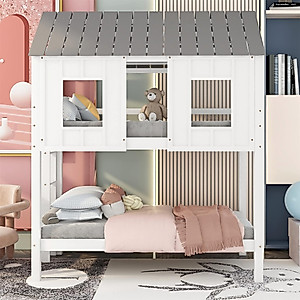 House Bunk Beds Twin Over Twin with Trundle,Kids Bunk Beds with Roof and Windows, Wood Twin Bunk Beds for Girls, Boys,White