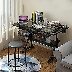 VejiA Drawing Table, Height/Angle Adjustable Drawing Desk Craft Station Drafting Table with One Side Table, Stool and Two Drawers, Tempered Glass Top, for Painting, W