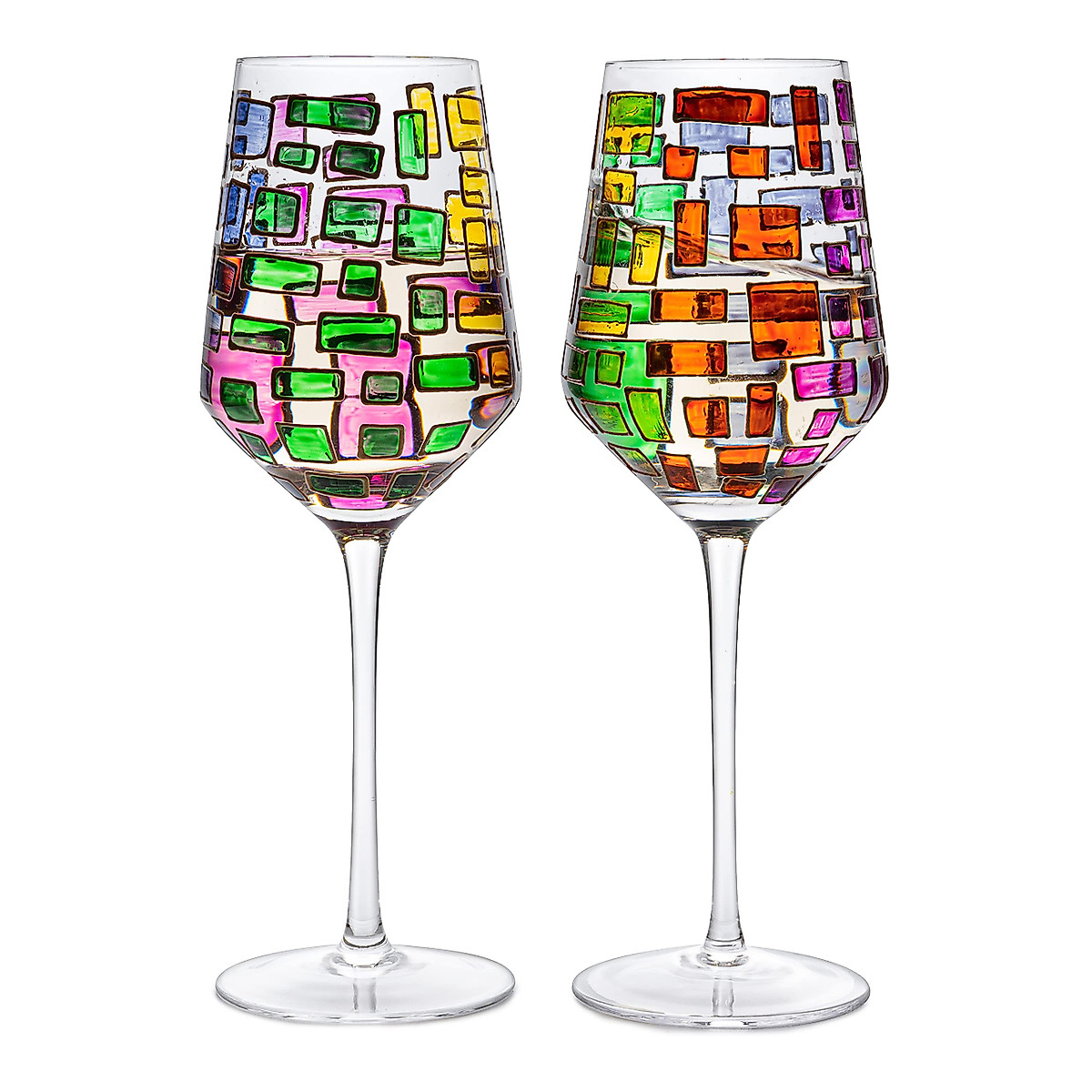 Artisanal Hand Painted Stemmed Wine Glasses - Gift for, Friends, Girlfriends, Sagrada Renaissance Stain-glassed Windows Wines Glass Set of 2 - Gift Idea for Birthday, Housewarming, Extra Large Goblets