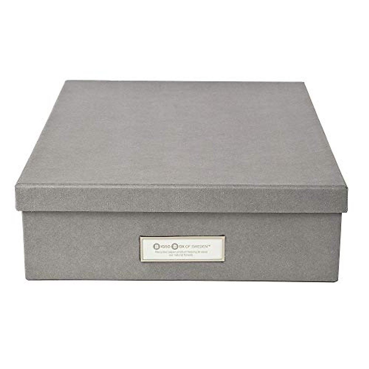 Bigso Oskar Fiberboard Label Frame Document Letter Box | File Organizer Document Box for Important Paperwork | Document Storage Box with a Lid & Metal Label Window | 3.3″x10.2″x13.8″ | Grey