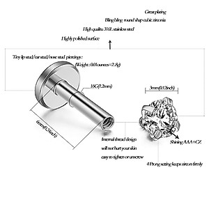 Gabry&jwl 4Pcs 16G 316L Stainless Steel Lip Studs/Ear Studs Love/Star/Square/Round Shape Cubic Zircon Labret Tragus Cartilage Helix Lobe Earring Studs Monroe Lip Piercing