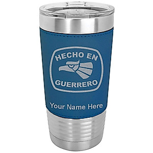 LaserGram 20oz Vacuum Insulated Tumbler Mug, Hecho en Guerrero, Personalized Engraving Included (Faux Leather, Blue)