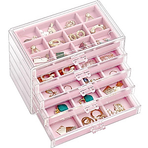 ProCase Earring Holder Organizer Jewelry Box with 5 Drawers, Acrylic Clear Earring Case with Adjustable Velvet Trays for Women - Pink, 5 Layers