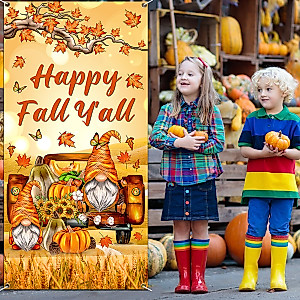 Fall Decorations - Happy Fall Y'all Door Cover Fall Thanksgiving Door Banner Thanksgiving Dwarf Pumpkin Banner Photo Background for Happy Fall Y'all Harvest Party Supplies,Autumn Decorations