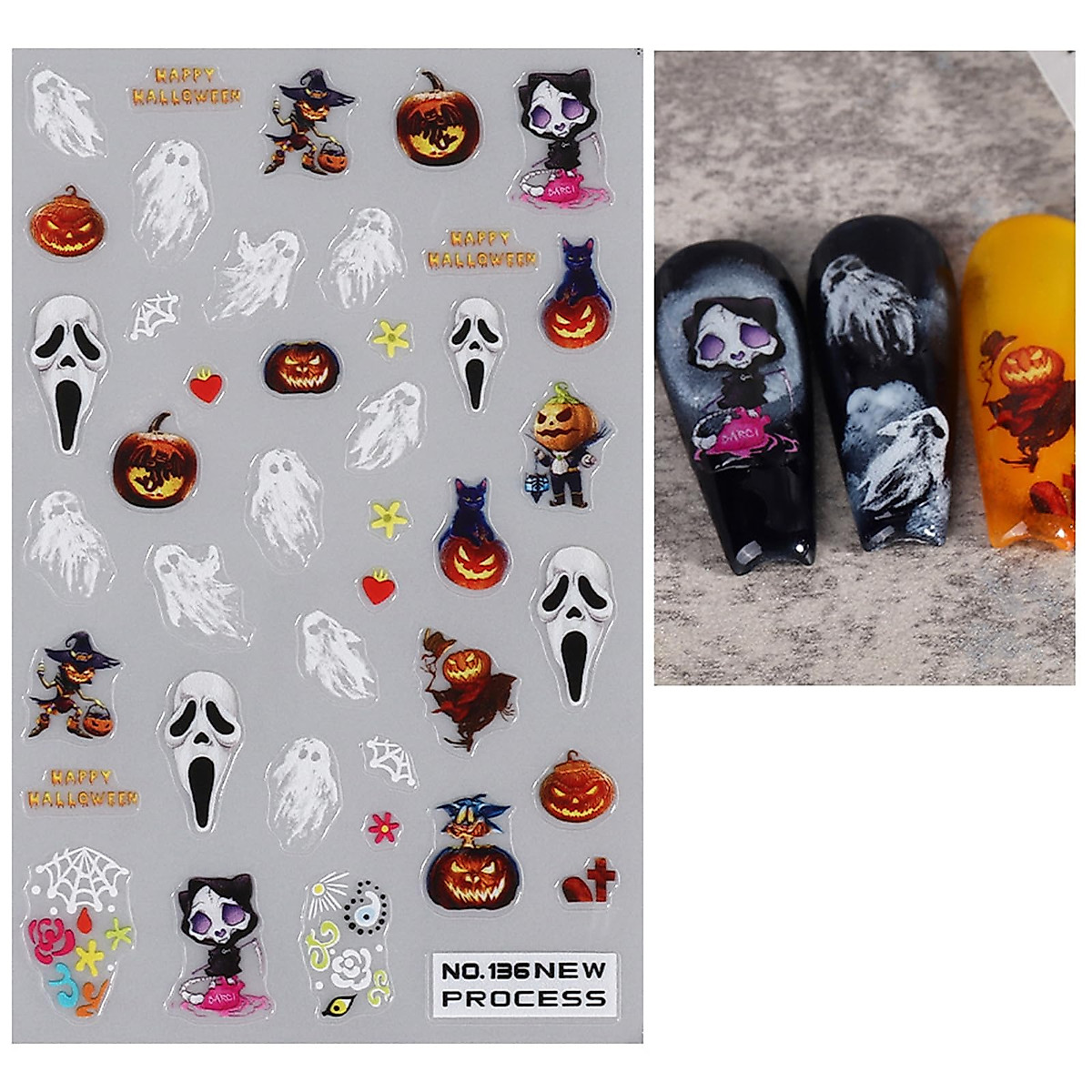 JMEOWIO 6 Sheets Pink Halloween Nail Art Stickers Decals Self-Adhesive Pegatinas Uñas Cute Skull Horror Ghost Witchy Spider Web Bat Spook Nail Supplies Nail Art Design Decoration Accessories