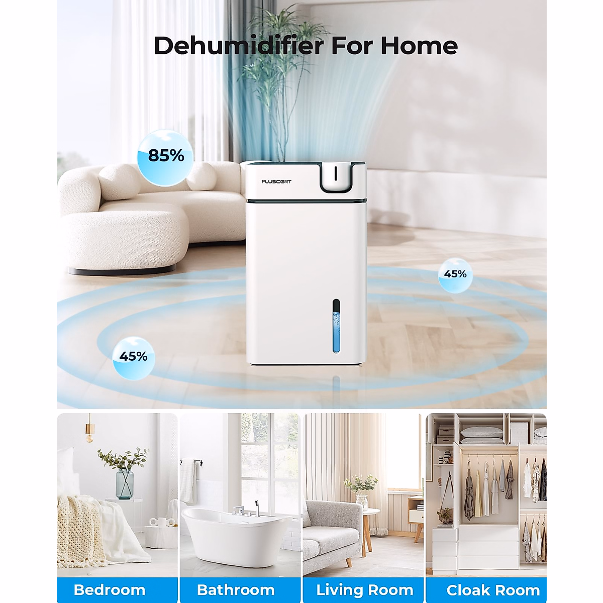 Dehumidifier, PLUSCENT 1000 Sq. Ft. Dehumidifiers for Home, 88 OZ Dehumidifier for Basement Bedroom Bathroom RV and Closet with Drain Hose, Auto Defrost, Auto Shut Off, Sleep Mode, 7 Colors LED Light