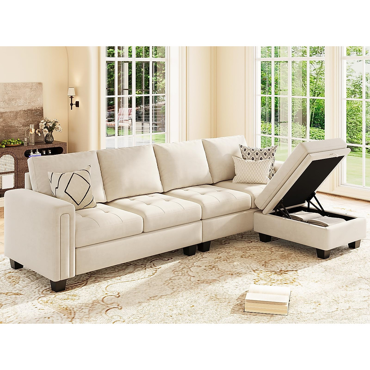 Belffin Velvet Reversible Sectional Sofa with Chasie Convertible L Shaped 4-seat Sectional Couch with Storage Ottoman Beige