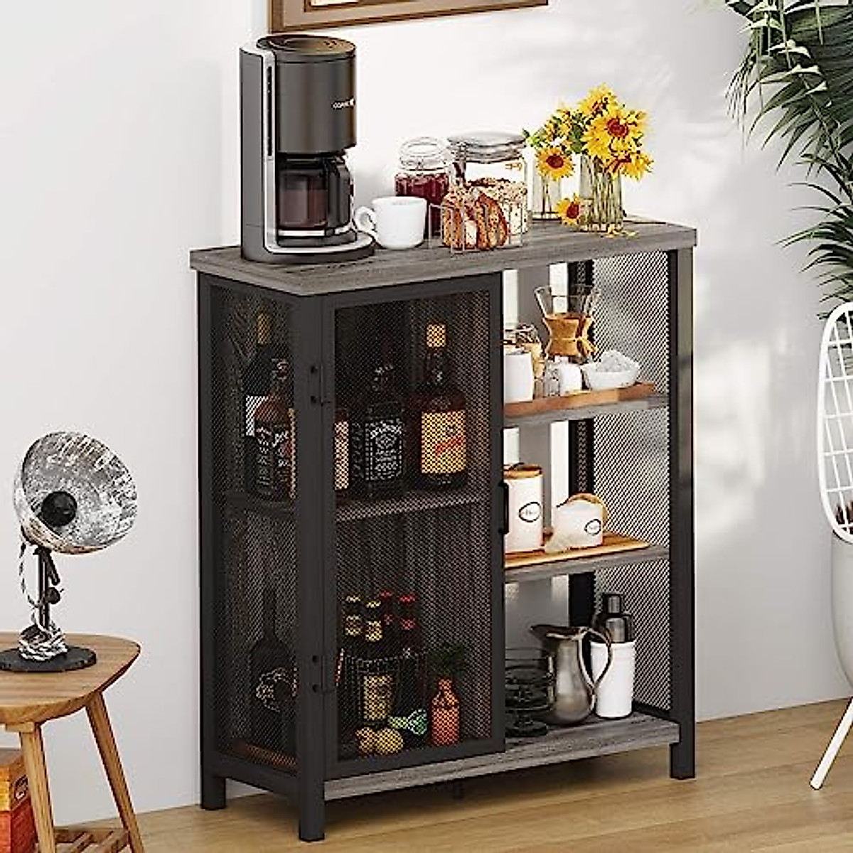 BON AUGURE Farmhouse Coffee Bar Cabinet with Storage, Industrial Sturdy Office Computer Desk, Wood and Metal Furniture Set for Home Office (Dark Gray Oak)