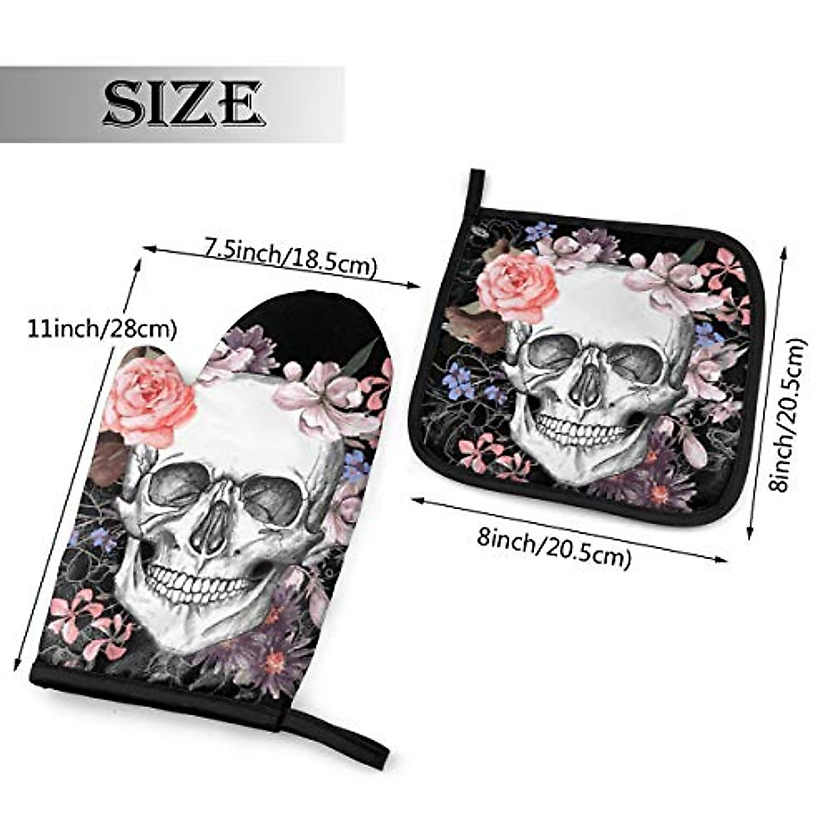 MSGUIDE Skull and Flowers Day of The Dead Oven Mitts -Heat Resistant 500 Degrees-Non Slip Kitchen Pot Holders Sets - Cooking Safe Gloves Soft Inner Lining