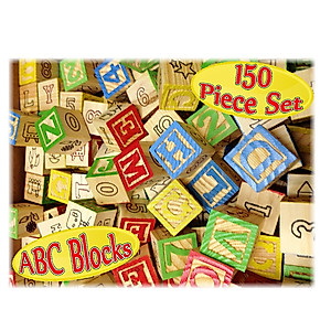 Matty's Toy Stop 150 Piece ABC Stack N' Build Wood Alphabet Blocks Bulk Classroom Set with Exclusive Storage Bag