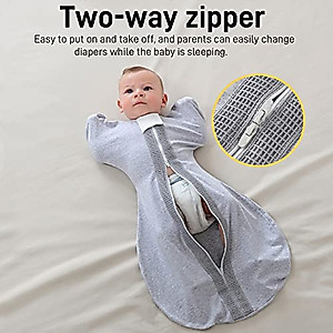 ZIGJOY Baby Transition Swaddle, 0.5 TOG Stretchy Transitional Swaddle with 2-Way Zipper, Cotton Self-Soothing Sleep Sack for Better Sleep, Grey, 0-3 Months