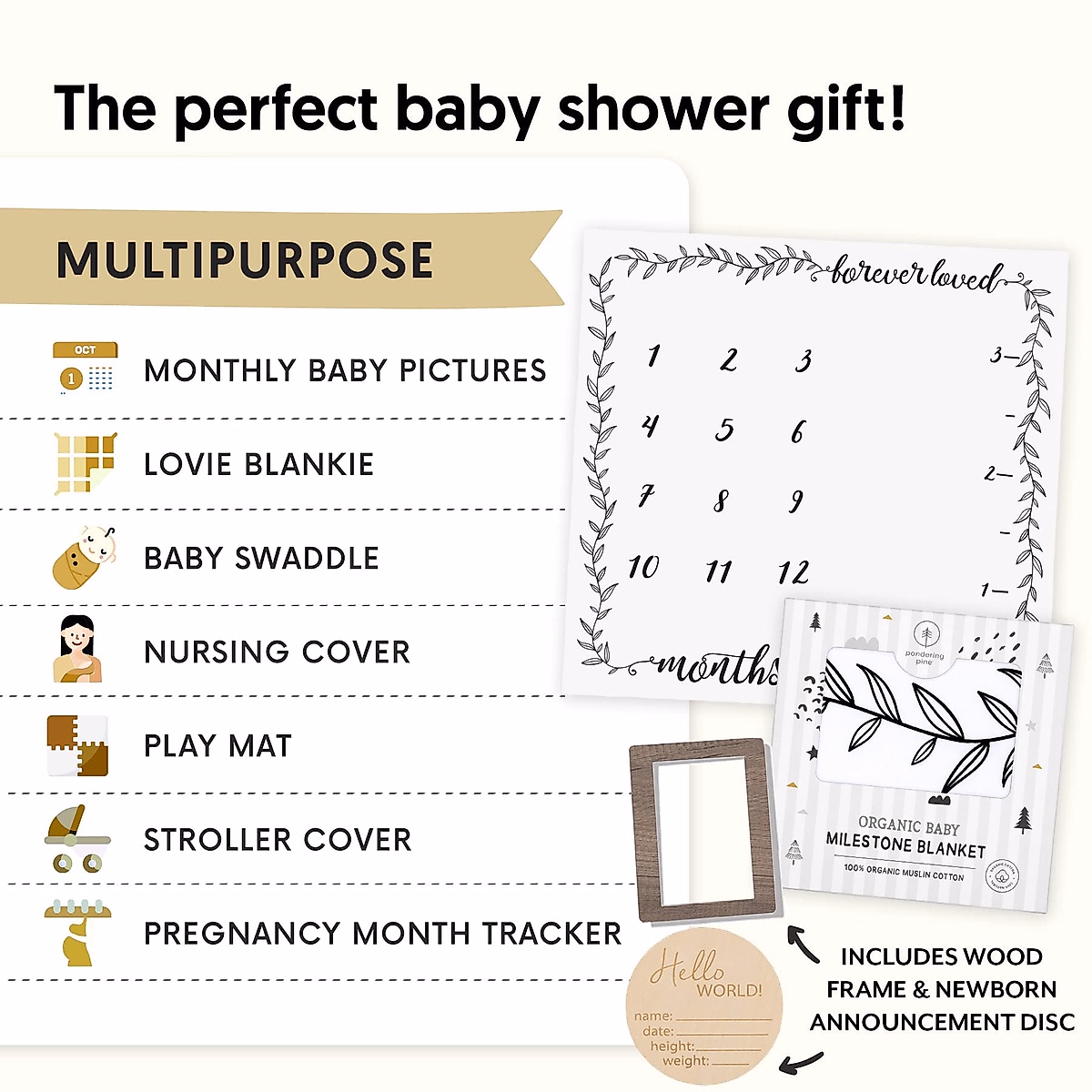 Organic Baby Monthly Milestone Blanket Boy or Girl - Months Blanket with Wood Frame and Newborn Announcement Disc - Growth Chart Milestone Blanket Neutral, 1-12 Month Milestones, 47”x47”