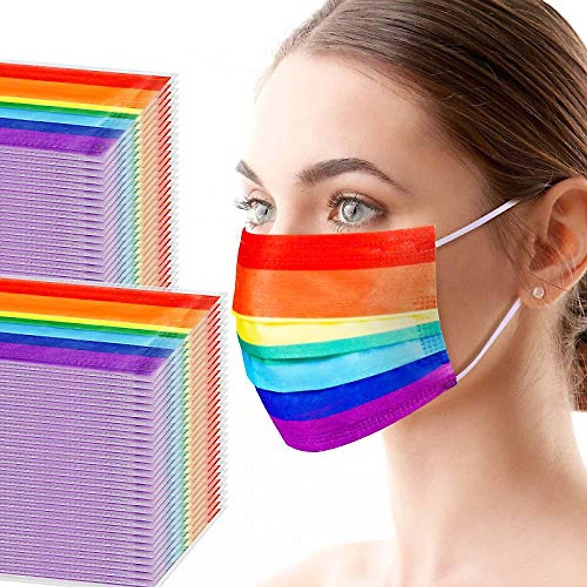 Tomorotec 60PCS Face Masks Disposable Adult Unisex Rainbow Colors Individually Packaged Purple Elastic Ear Loops 3-Layer Light Soft Fit