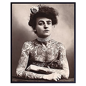 Vintage Circus Photos Wall Art & Decor - Funny Tattoo Woman - Tattoo Studio Decorations Poster Picture Prints - Tattoo Shop Decor - Inked Tattooed Lady Chic - Man Cave - Biker Bar - Garage