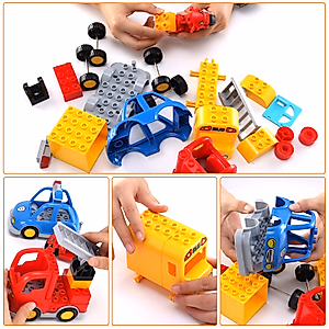 Liberty Imports 4-Pack City Vehicles Transportation Set, Big Building Blocks Compatible with Lego DUPLO - Includes Police Car, Fire Truck, School Bus, Motorcycle Toys for Kids, Toddlers
