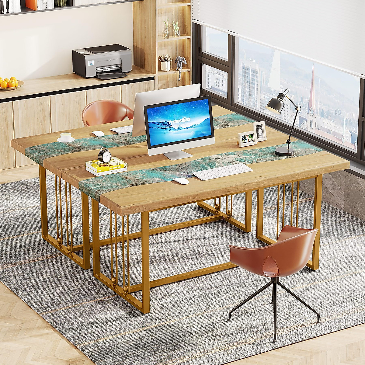 Tribesigns 63 Inches Conference Table with Amazonian Green Faux Marble & Light Brown Finish, Modern 5FT Meeting Tables with Stylish Metal Legs, Rectangular Business Seminar Training Table