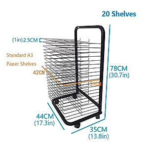 Metal Steel Wire Drying Rack for Classroom Painting Crafts, Artworks Prints Storage Art Display Rack for Art Studio and Home Use, Easy Moving with Wheels, Black (Size : 20 Shelves)
