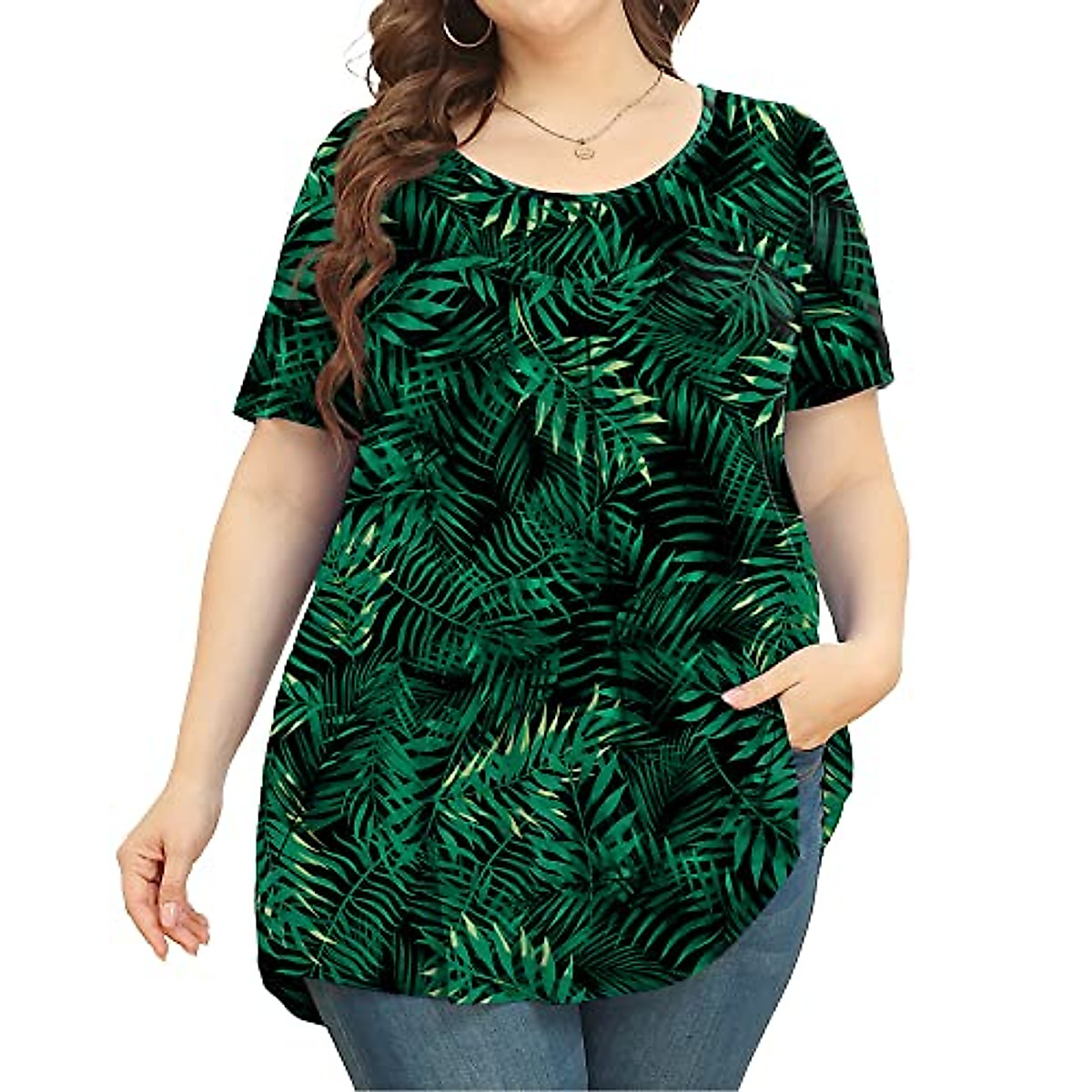 JUEYUN Plus Size Women's 2023 Casual Summer Short Sleeve Tops Loose Flowy Tunic Cute Pleated Flower Print Tee Shirts,Leaf Green,2X-Large