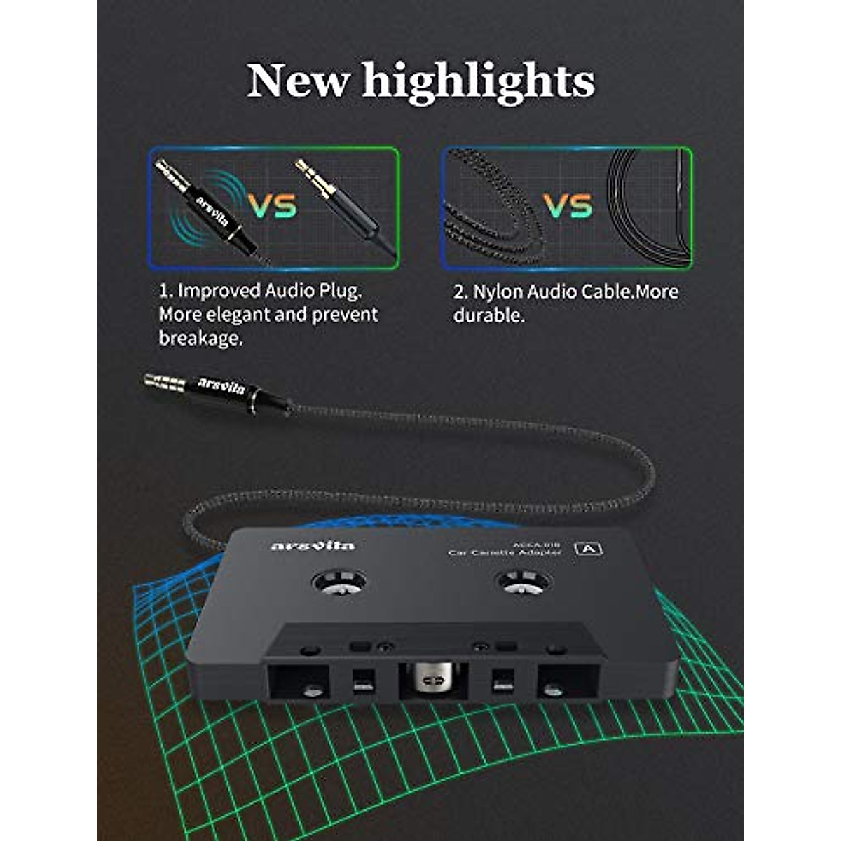 arsvita Car Audio Cassette to Aux Adapter with Upgrade 3.5 MM Aux Plug, Auxiliary Nylon Cable Tape Adapter, Black