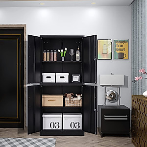 Anxxsu Metal Storage Locking Cabinet, 71" Tall Metal Cabinet with 4 Doors and 2 Adjustable Shelves, Locking Steel Cabinet for Home, School, Office, Gym, Garage Storage (Black)