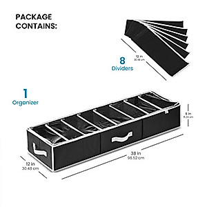 ZOBER Under Bed Shoe Storage Organizer (8 Pairs) Under Bed Storage for Shoes, Customizable Slots for Boots, Clothes Blanket/Comforter Underbed Shoe Storage Containers with Handles (Black)
