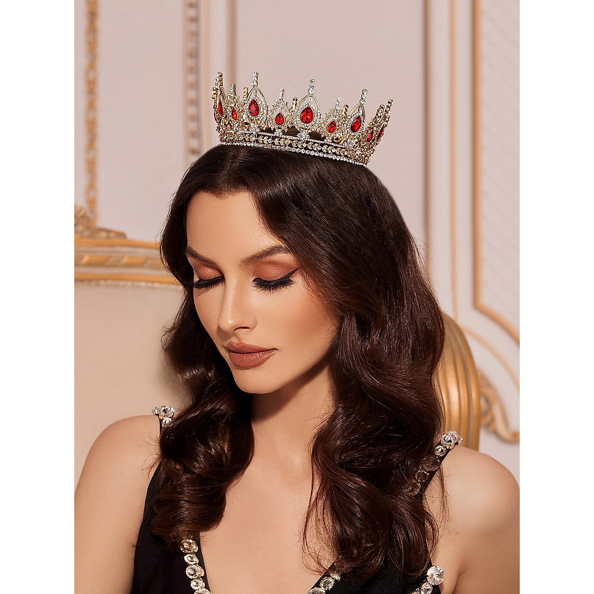 SWEETV Royal Queen Crown, Wedding Tiara for Bride, Rhinestone Tiaras and Crowns for Women, Costume Headpiece for Birthday Cosplay Party Celebration,Red, Bailey