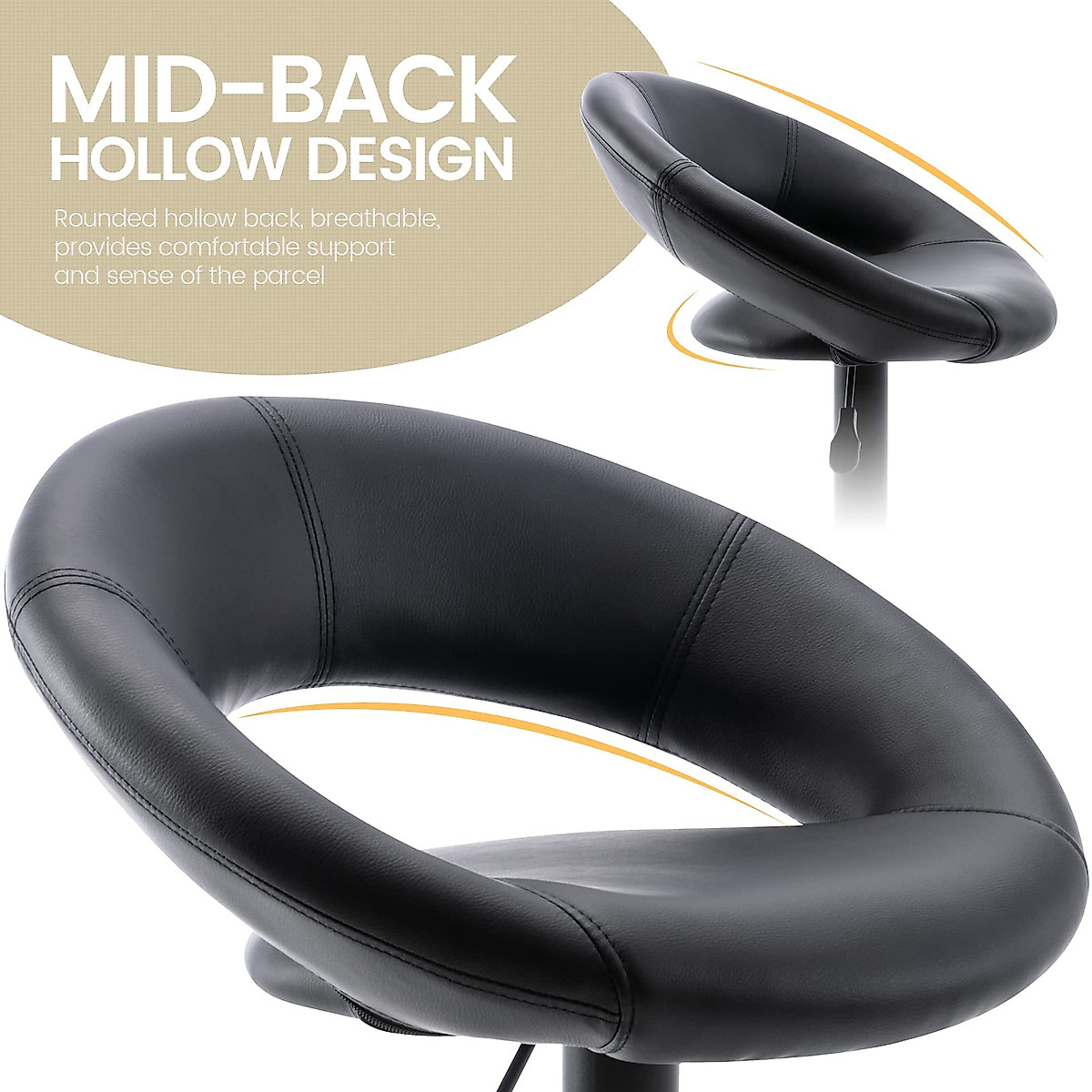 Vogue Furniture Direct Adjustable Bar Stools, Modern Cute PU Leather Swivel Barstools with Hollow Back, Airlift Counter Height Bar Chairs for Kitchen Dining Pub Cafe, Set of 2 (Black, Black Base)