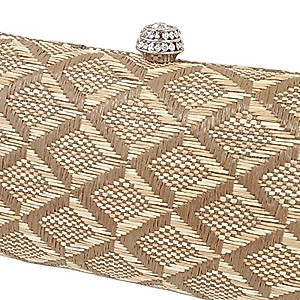 Geometric Patterned Raffia Straw Box Clutch, Natural