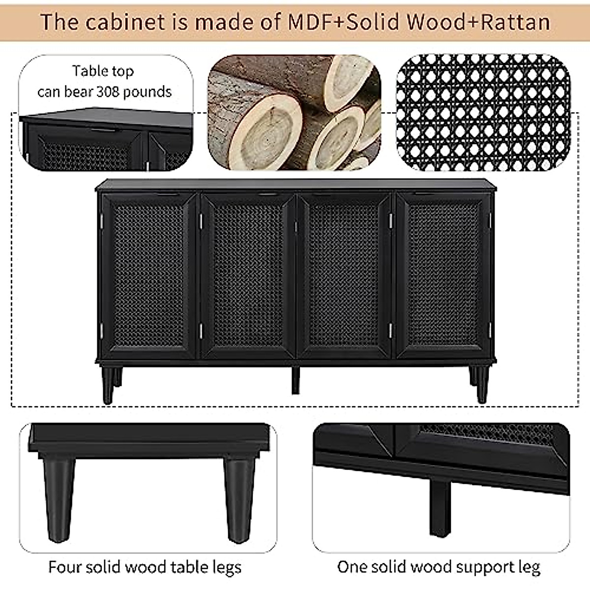 Black Sideboard Buffet Cabinet with Artificial Rattan Door, Large Buffet Sideboard Storage Cabinet with Adjustable Shelves, Sideboard Buffet Table for Living Room, Kitchen, Dining Room