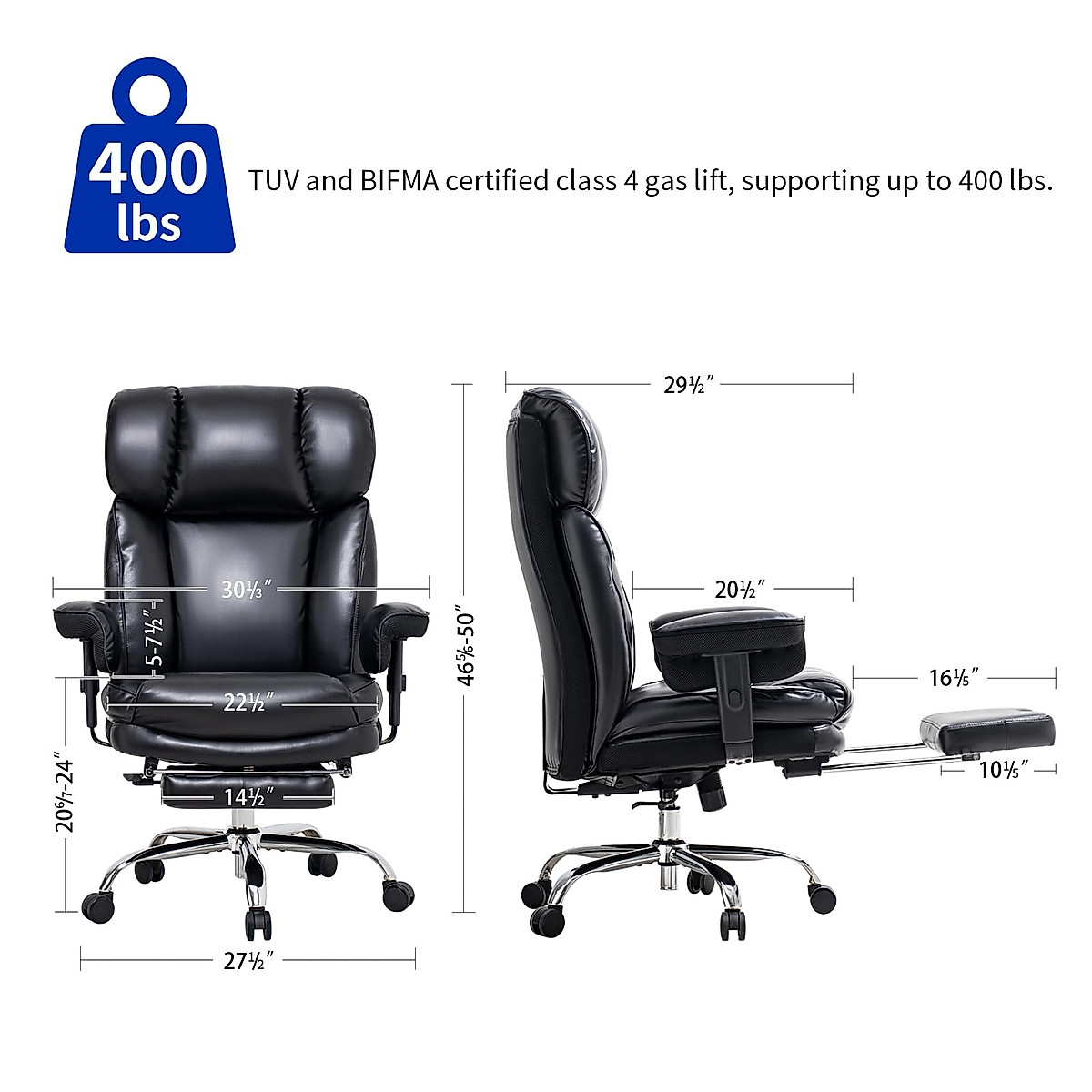 KUMEPOJO Big and Tall Office Chair 400lbs, Wide Seat, Telescoping Leg Rests, Adjustable Armrests - Comfortable Office Chair for Lower Back Pain, Black Heavy-Duty Leather Office Chair