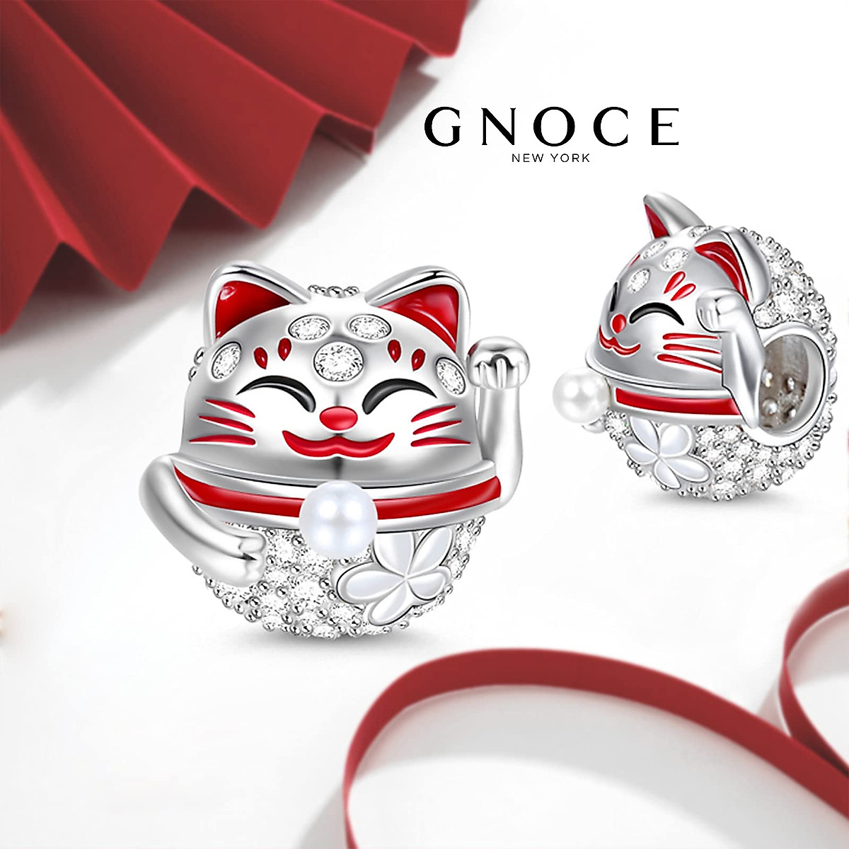 GNOCE Lucky Cat Charms for Women Sterling Silver “Wish You Luck” Cute Cat Bead Charm with Cubic Zirconia Fit Bracelet Necklace Gifts for Daughter & Friends Pet Lovers (Lucky Cat)
