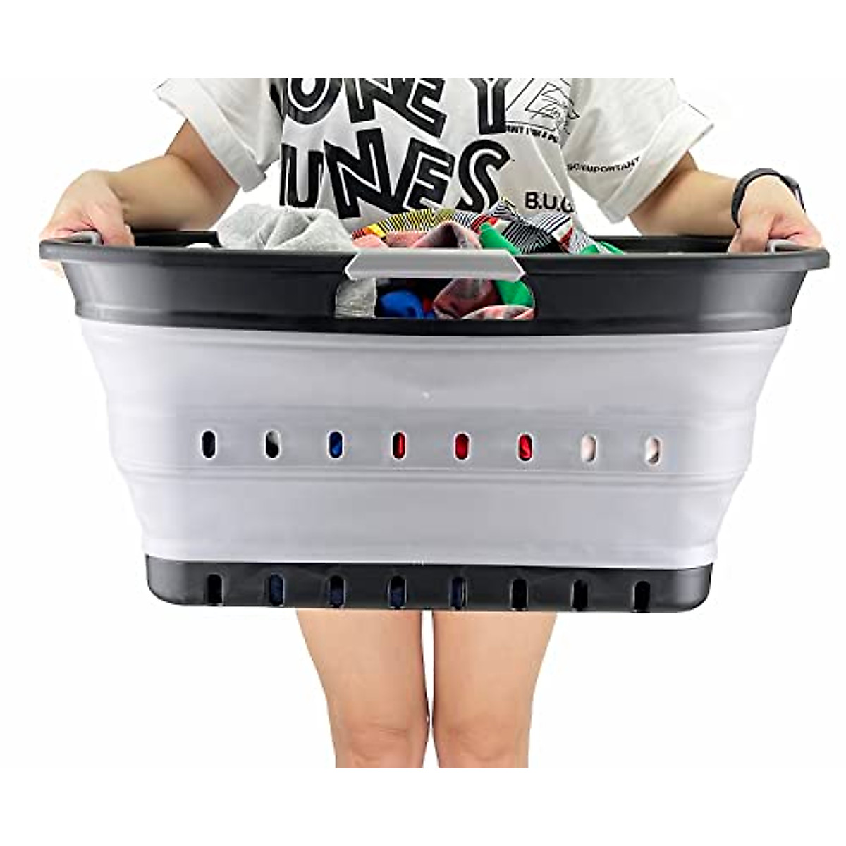 SAMMART 42L (11 gallon) Set of 2 Collapsible Plastic Laundry Basket - Foldable Pop Up Storage Container/Organizer - Portable Basket - Space Saving Hamper/Basket (Alloy Grey + Crystal Blue)