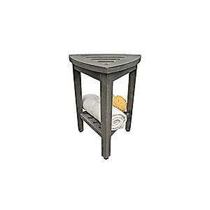 CoastalVogue Flexi Corner Teak Shower Corner Stool Wood Corner Shower Seat Spa Bench with Shelf, 15" Corner Shower Foot Stool in Antique Gray Finish