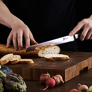 KYOKU 10 Inch Bread Knife - Daimyo Series - Serrated Knife with Ergonomic Rosewood Handle, and Mosaic Pin - Japanese 440C Stainless Steel Bread Cutter with Sheath and Case
