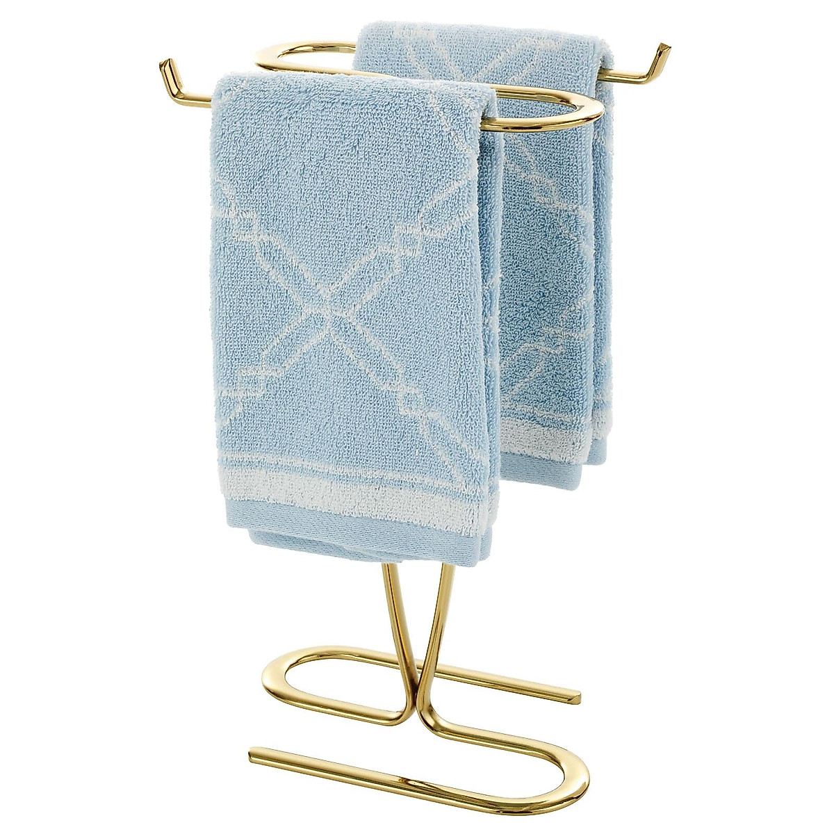 mDesign Decorative Modern Metal Fingertip, Hand Towel Holder Stand - for Bathroom Vanity Countertops to Display and Store Small Guest Towels - 2-Sided, 14" High - 2 Pack - Soft Brass