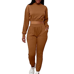 Mizoci Women's 2 Piece Outfits Lounge Jogger sets Long Sleeve Crop Top Pant Sweat Suit Tracksuit,Medium,Coffee