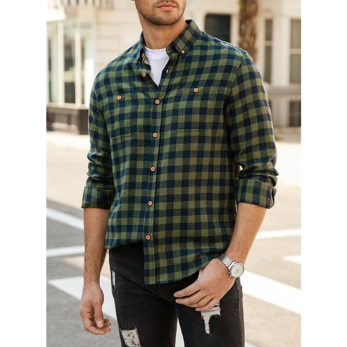 JMIERR Mens Flannel Shirts Casual Button Down Long Sleeve Cotton Plaid Business Dress Shirt with Pockets,US 46 (XL),Green