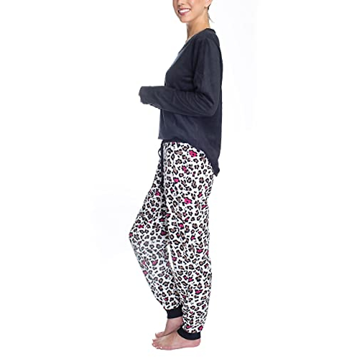 Hanes Women's Cozy Up Jogger 2 Piece Set Top and Jogger Pajamas, Black/Leopard, X-Large