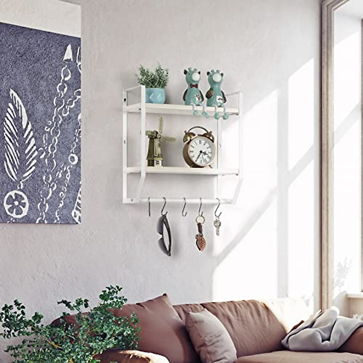 Bathroom Shelf with Towel Bar 2 Tier Wall Mounted Industrial Towel Rack with Shelf 5 Hooks for Bathroom Kitchen Living Room (White)