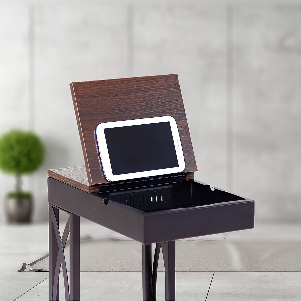 Leisure Space SeeTable - Stash with Device Stand, Charging Station, and Storage (Dark Brown Frame/Walnut Finish Table Top) - C Table/End Table/Side Table/Accent Table