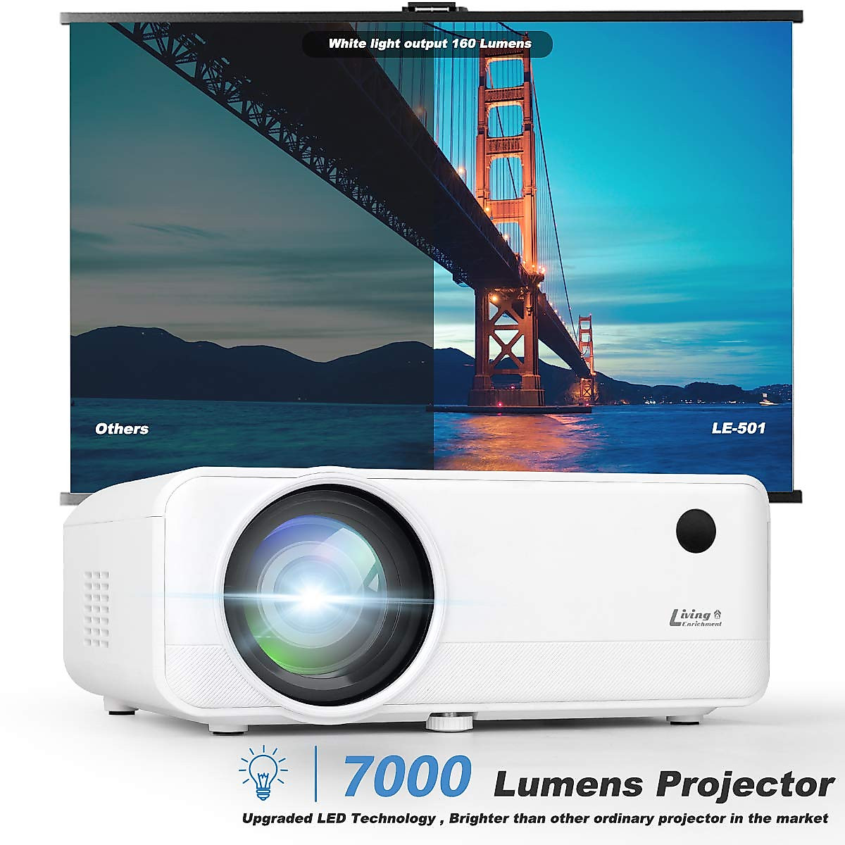 Living Enrichment Mini Projector, 1080P HD Supported Portable Video Projector, 7000 Lumen 50,000 Hours Led Lamp, 200'' Projection Display, Compatible with HDMI VGA USB DVD for Home Entertainment